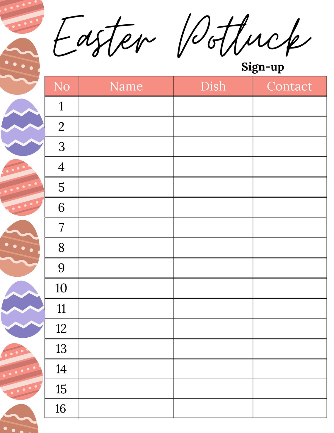 Potluck Sign up Sheet Easter Potluck Sign up Sheet Easter Potluck Sheet ...