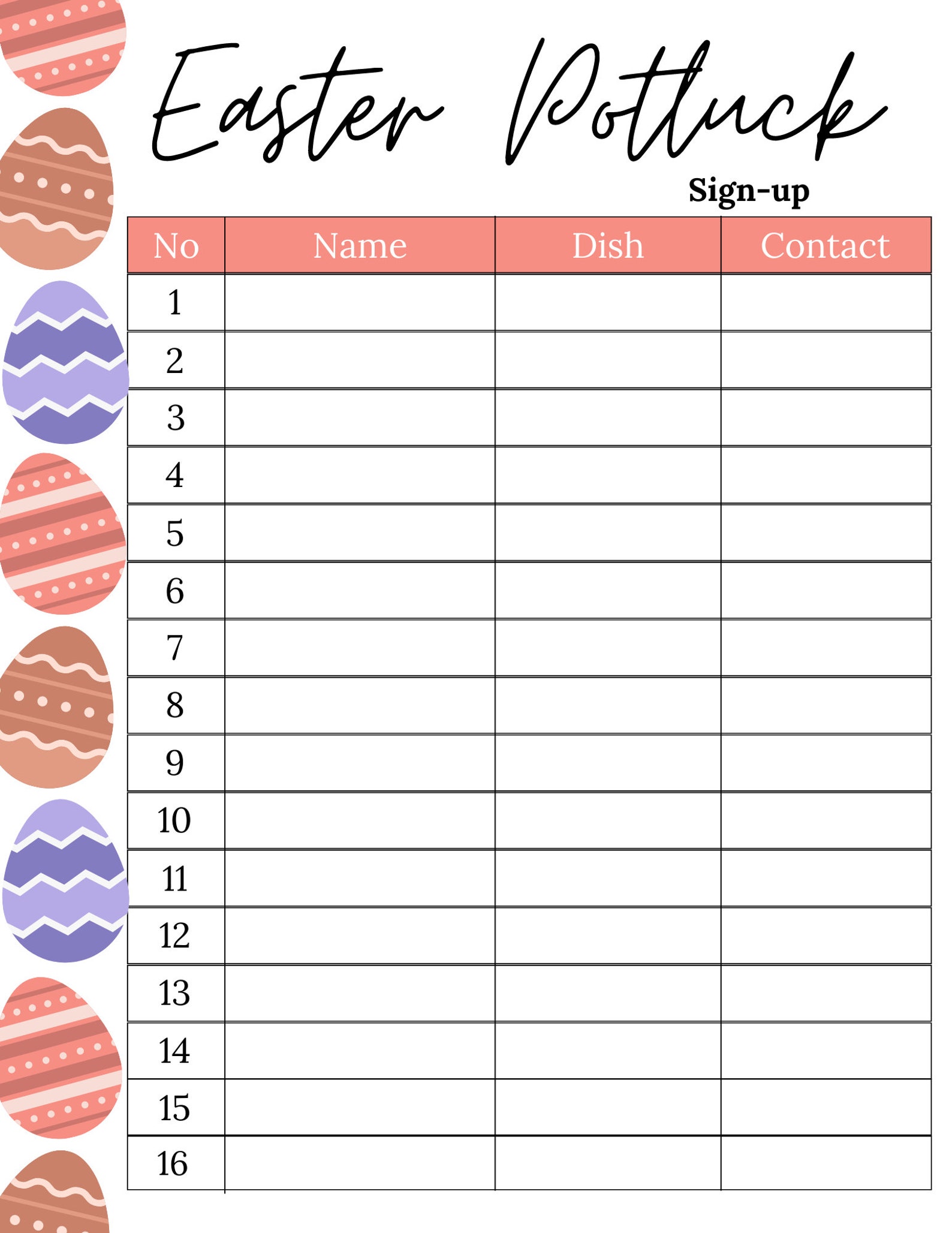 Potluck Sign up Sheet Easter Potluck Sign up Sheet Easter Potluck Sheet ...