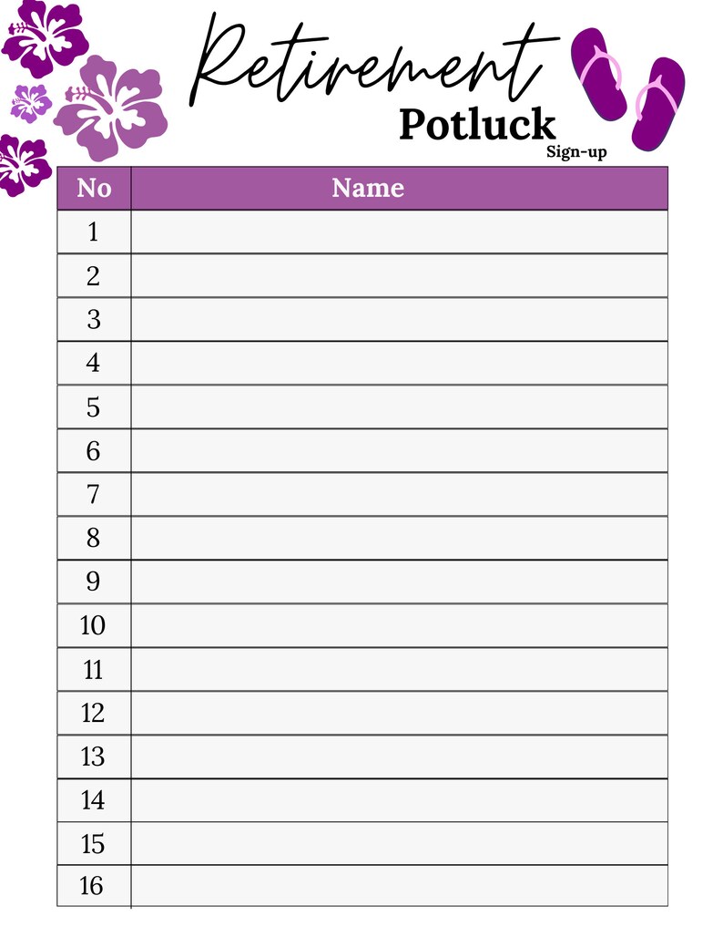 Potluck Sign up Sheet | Retirement Potluck Sign up Sheet | Retirement ...