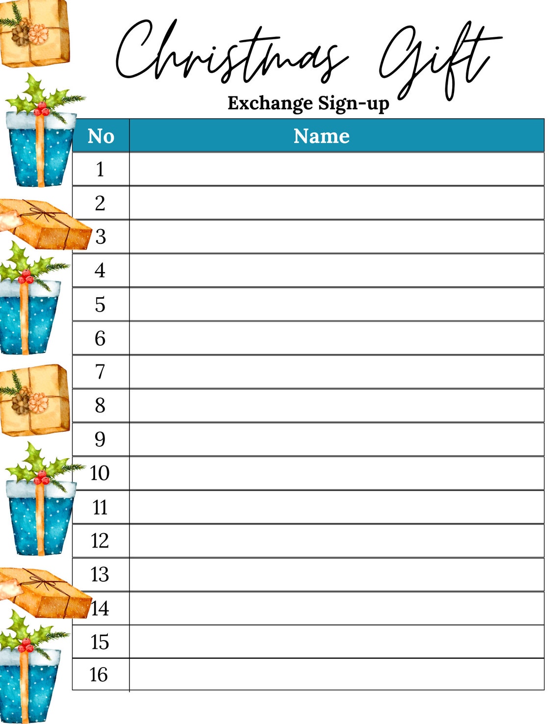 Christmas Gift Exchange Sign up Sheet Gift Exchange Sign up Sheet ...