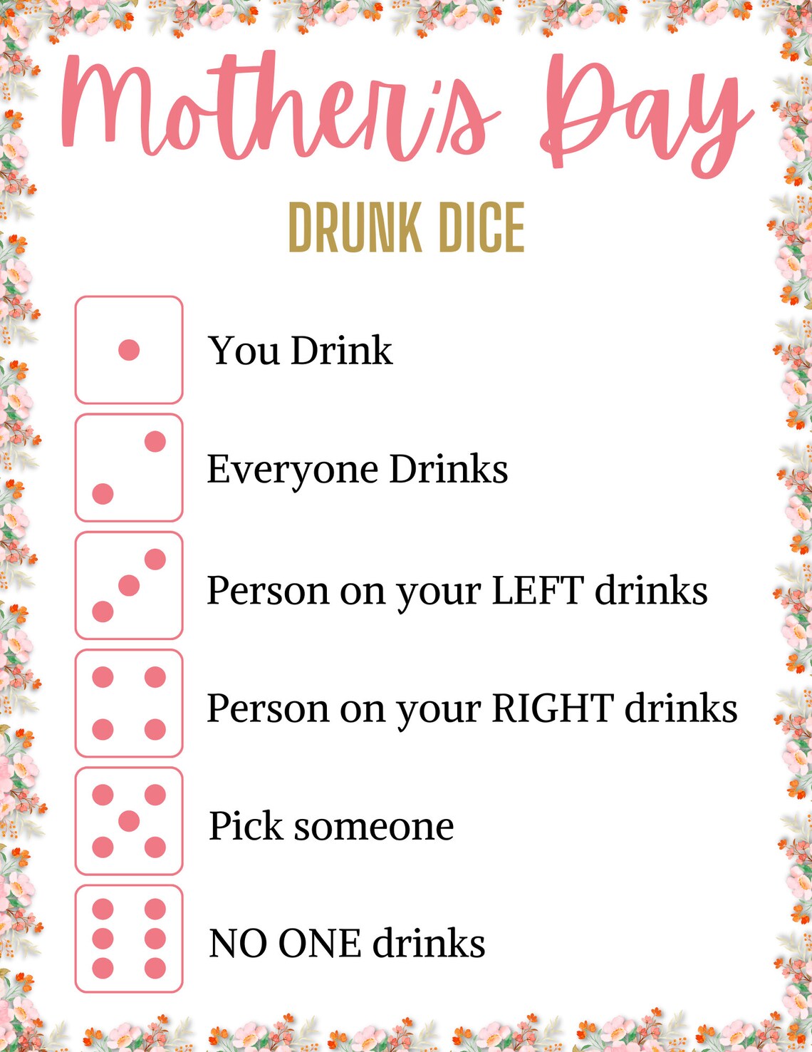 Drunk Dice Mother's Day Game Mothers Day Game Mother's Day Activities ...