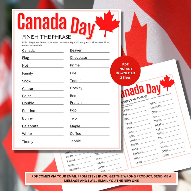 Finish the Phrase Canada Day Game July 1st Printable Games Canada Day ...
