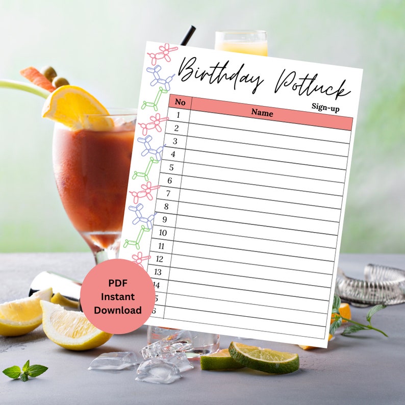 Potluck Sign up Sheet Birthday Potluck Sign up Sheet - Etsy