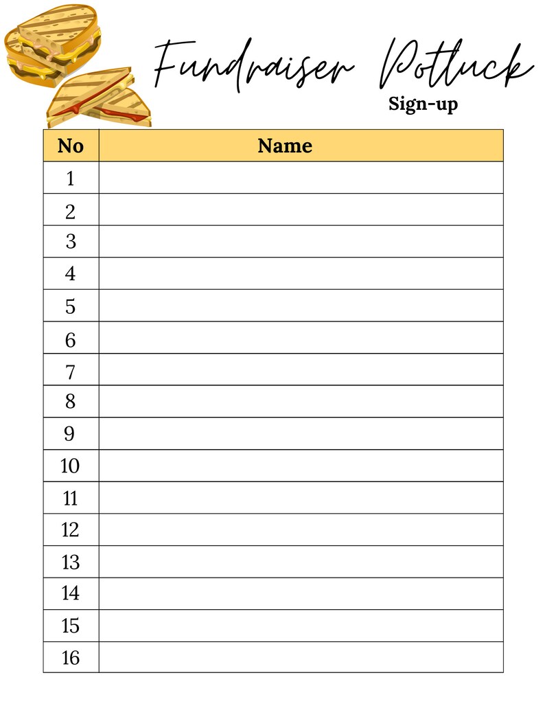 Potluck Sign up Sheet | Fundraiser Potluck Sign up Sheet | Fundraiser ...