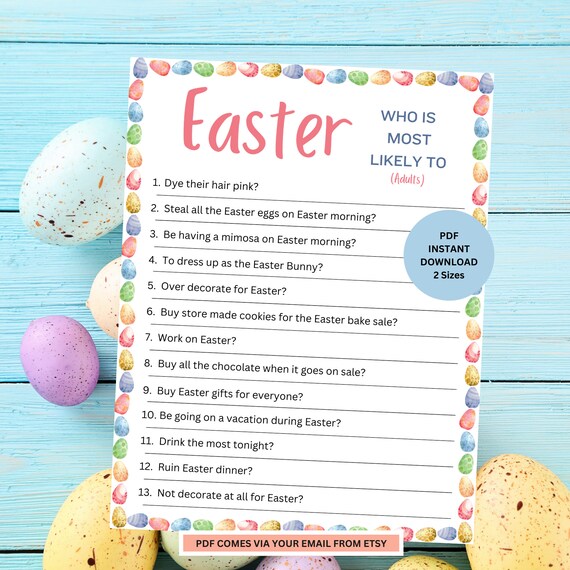 Who is Most Likely to Easter Game Easter Game Easter Activities Adult Games Adult Easter Game Easter Party Games Group Games Etsy