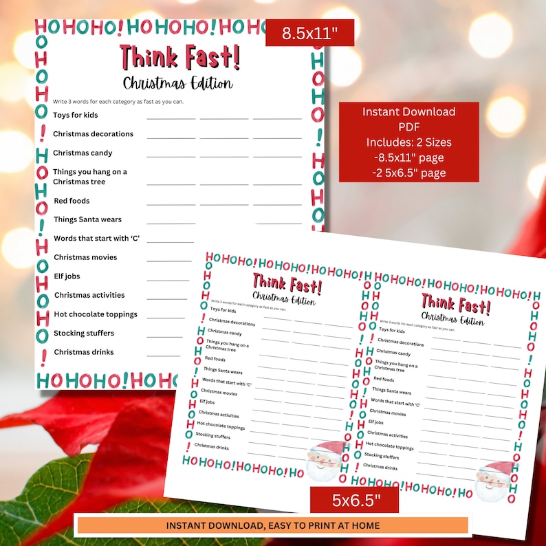Think Fast Christmas Game | Christmas Printable Games | Christmas ...