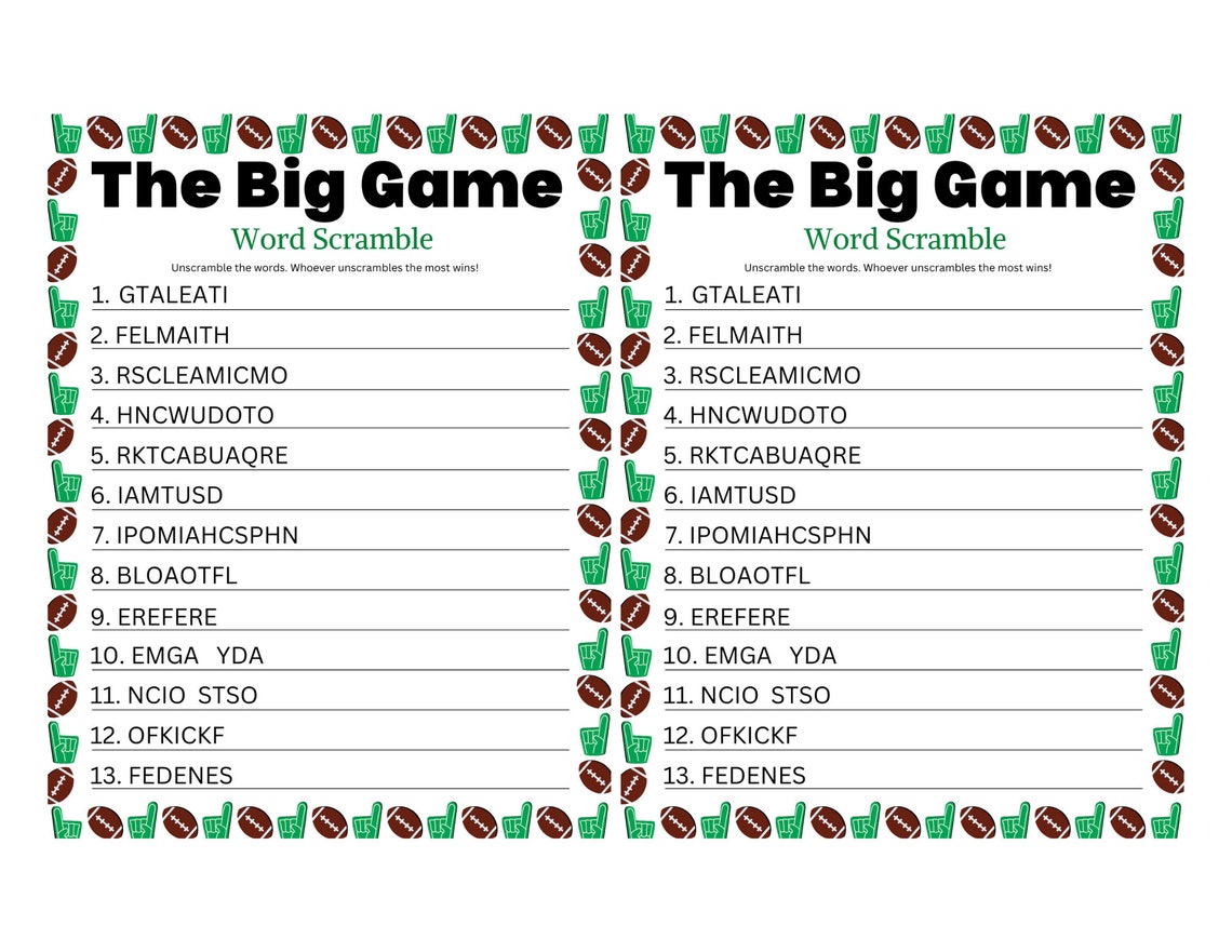 The Big Game Party Games | the Big Game Word Scramble | Big Game Games ...