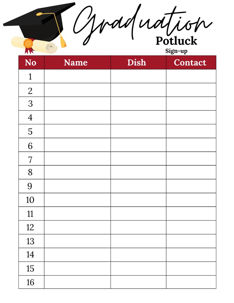 Potluck Sign up Sheet | Graduation Potluck Sign up Sheet | Grad Potluck ...