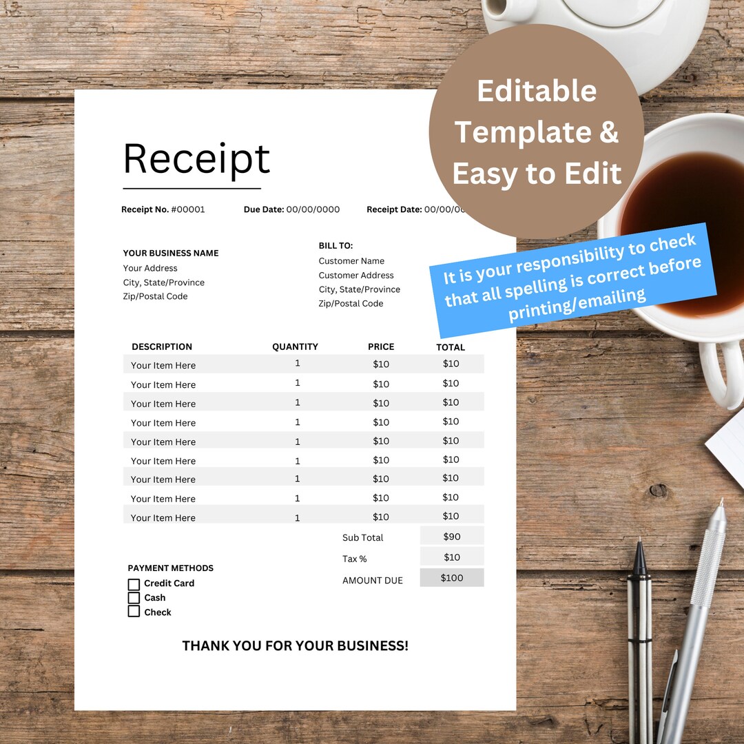 Receipt Template | Editable Receipt Template | Receipt Template for ...
