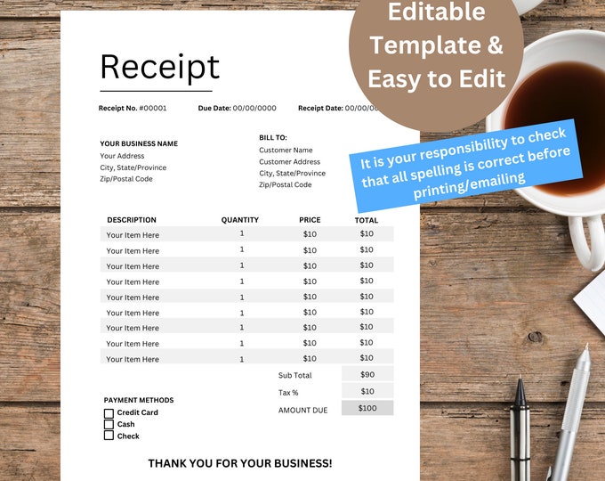 Receipt Template | Editable Receipt Template | Receipt Template for ...