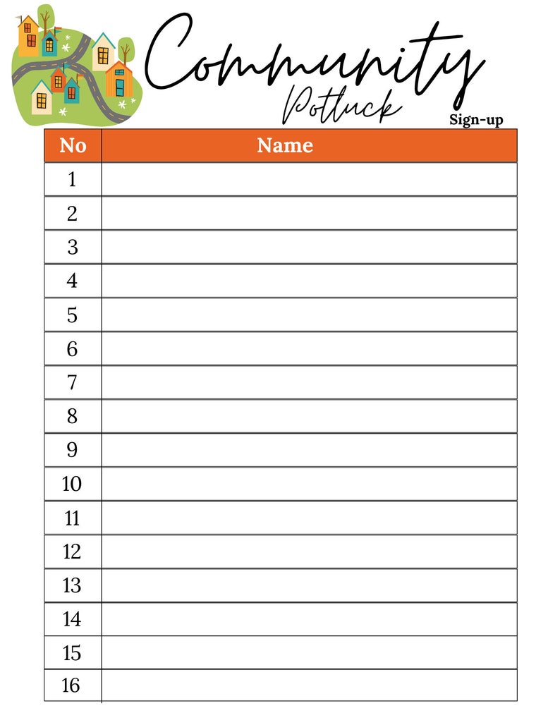 Potluck Sign up Sheet | Community Party Potluck Sign up Sheet ...