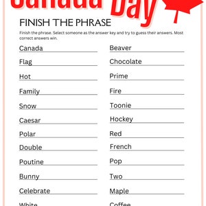 Finish the Phrase Canada Day Game | July 1st Printable Games | Canada ...