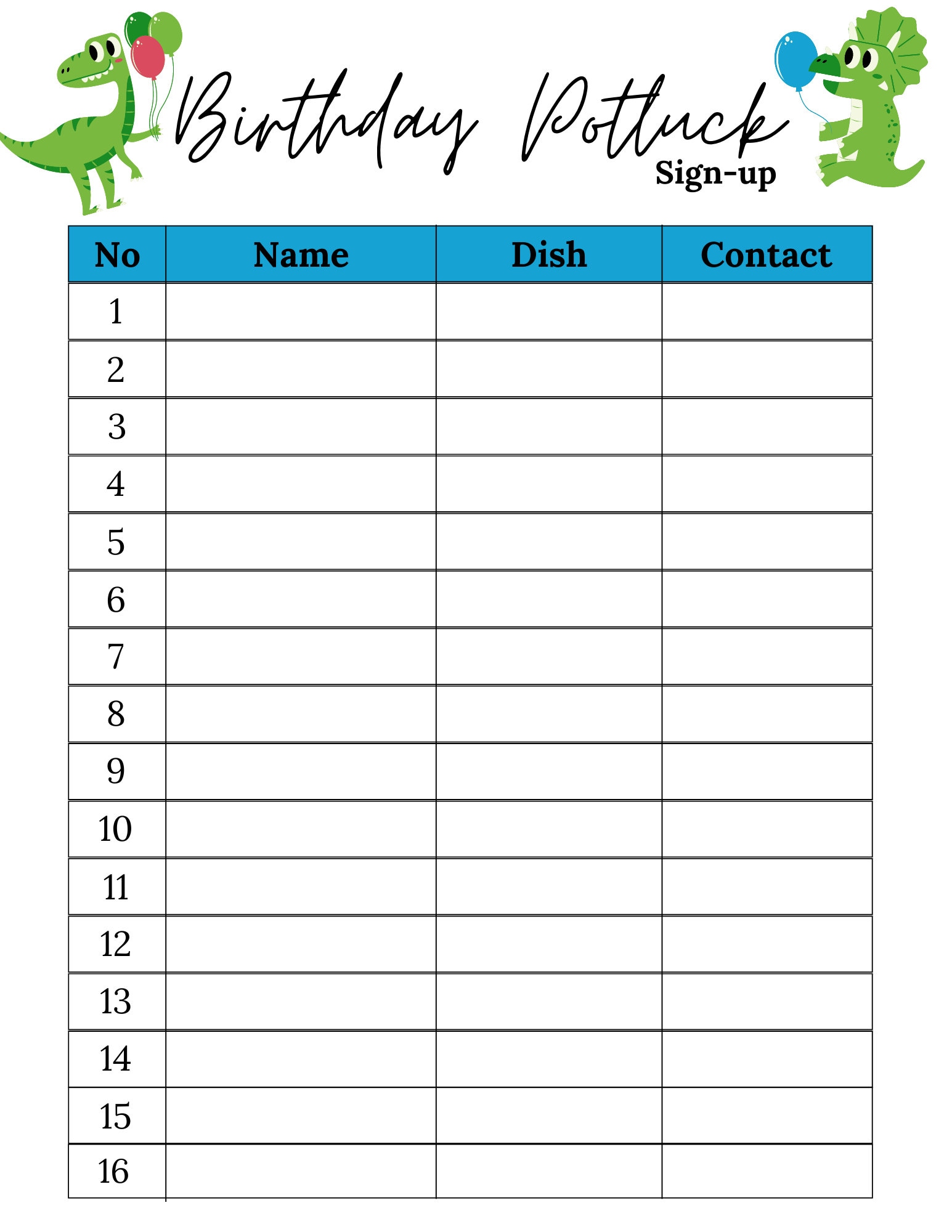 Potluck Sign up Sheet Birthday Potluck Sign up Sheet - Etsy