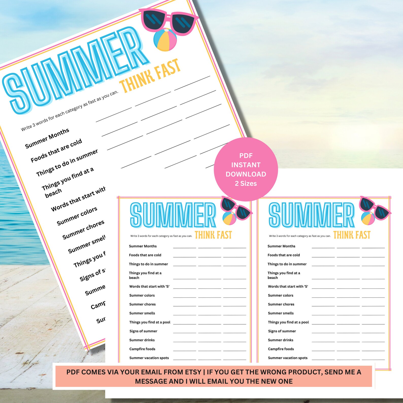 Think Fast Summer Game | Summer Printable Games | Summer Activities ...