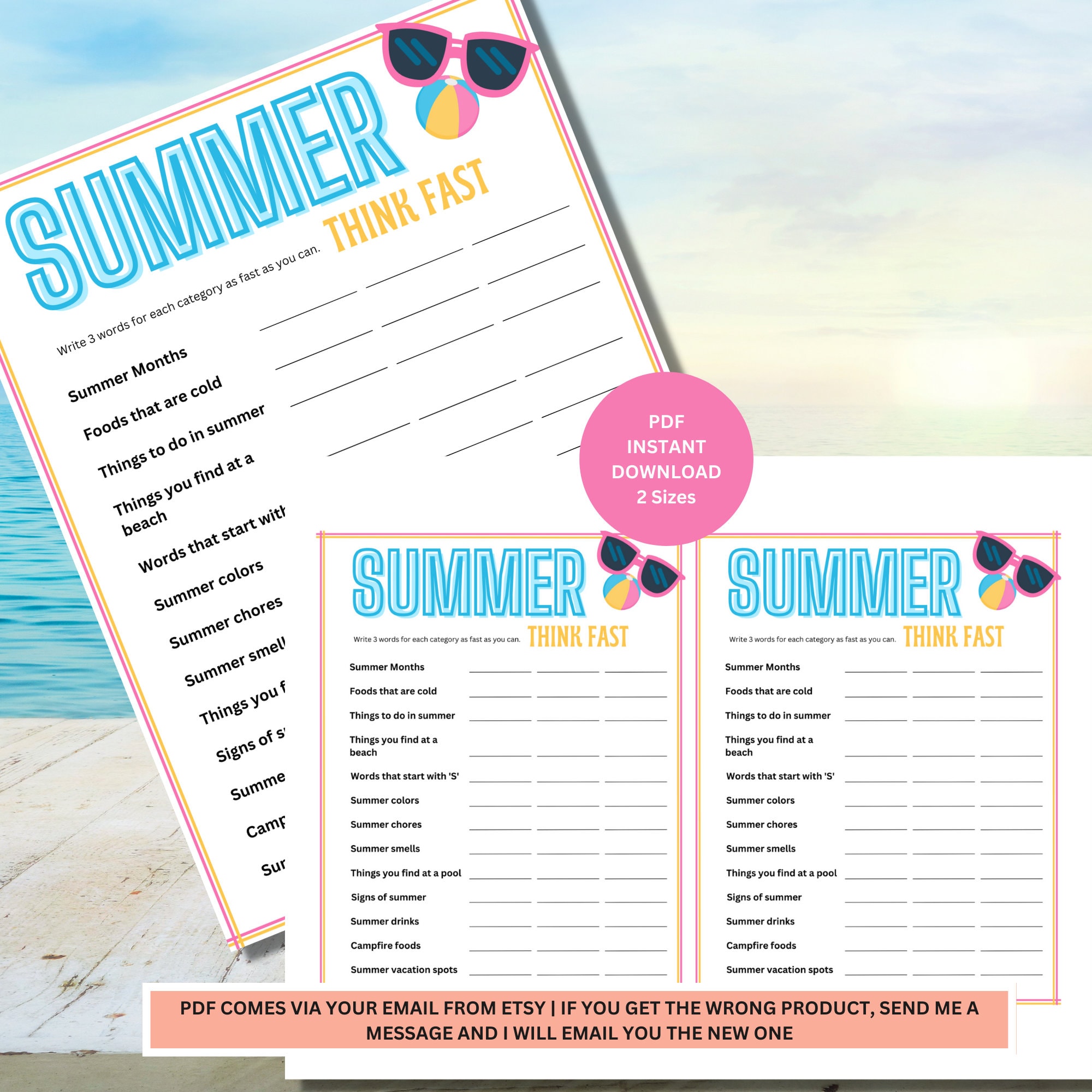 Think Fast Summer Game | Summer Printable Games | Summer Activities ...