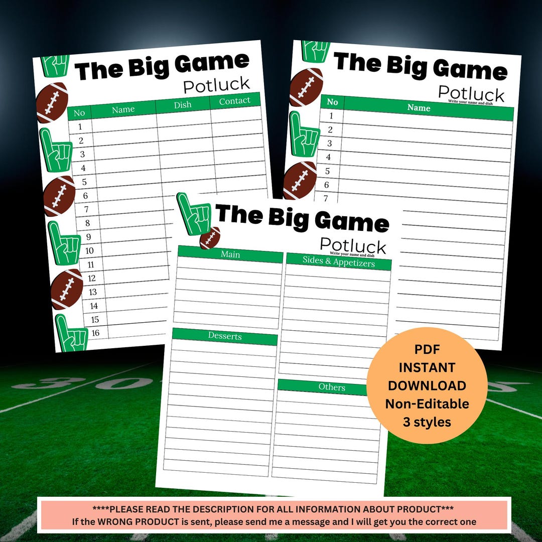 Potluck Sign up Sheet | the Big Game Potluck Sign up Sheet | Football ...