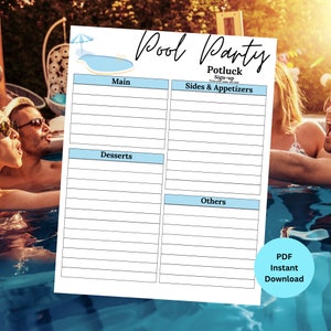 Potluck Sign up Sheet | Pool Party Potluck Sign up Sheet | Pool Potluck ...