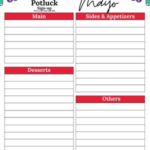 Potluck Sign up Sheet | Cinco De Mayo Potluck Sign up Sheet | Cinco De ...