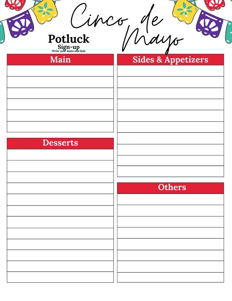 Potluck Sign up Sheet | Cinco De Mayo Potluck Sign up Sheet | Cinco De ...