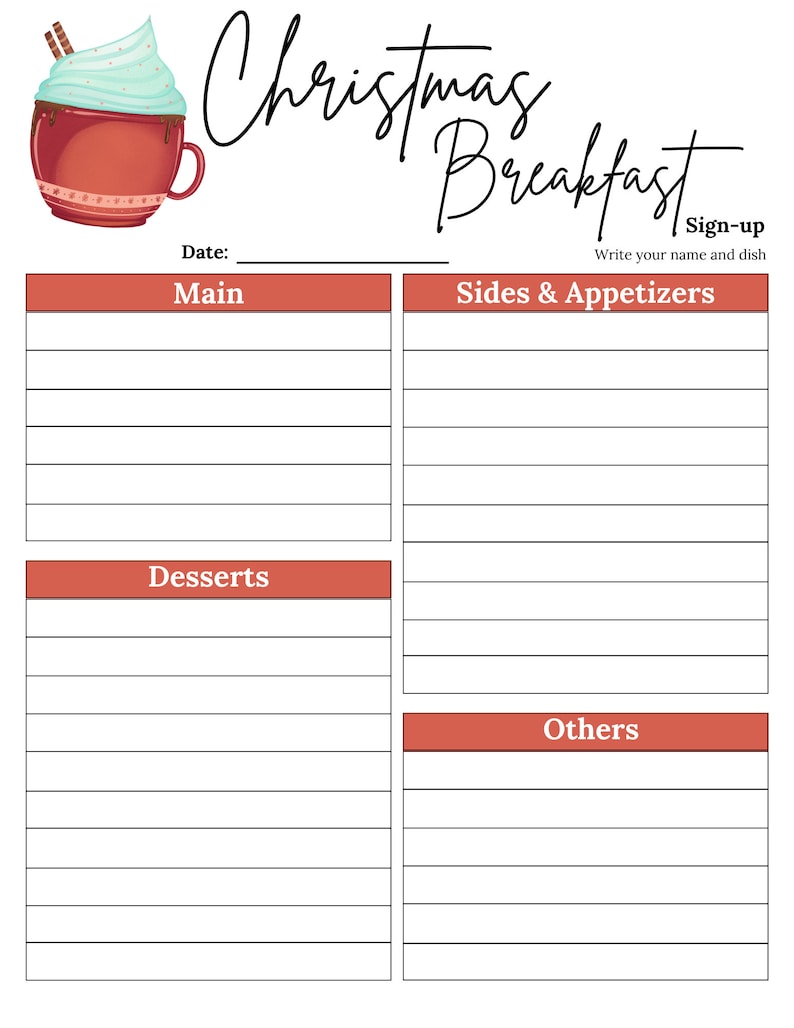 Christmas Breakfast Potluck Sign up Sheet | Christmas Breakfast Sign up ...