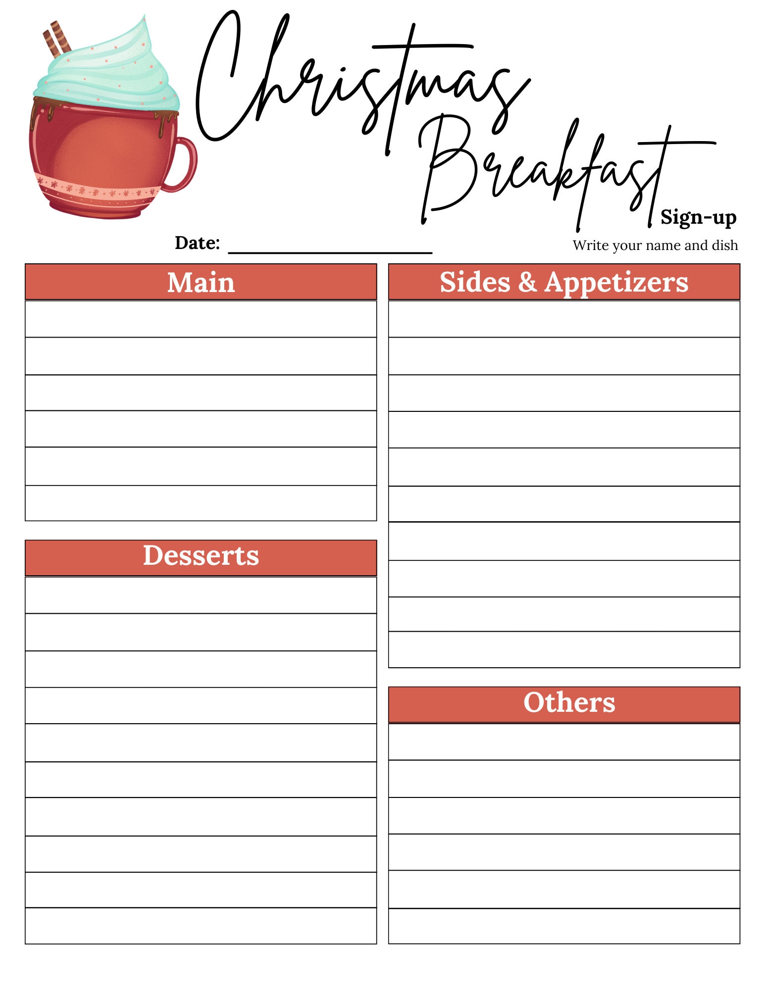 Christmas Breakfast Potluck Sign up Sheet | Christmas Breakfast Sign up ...