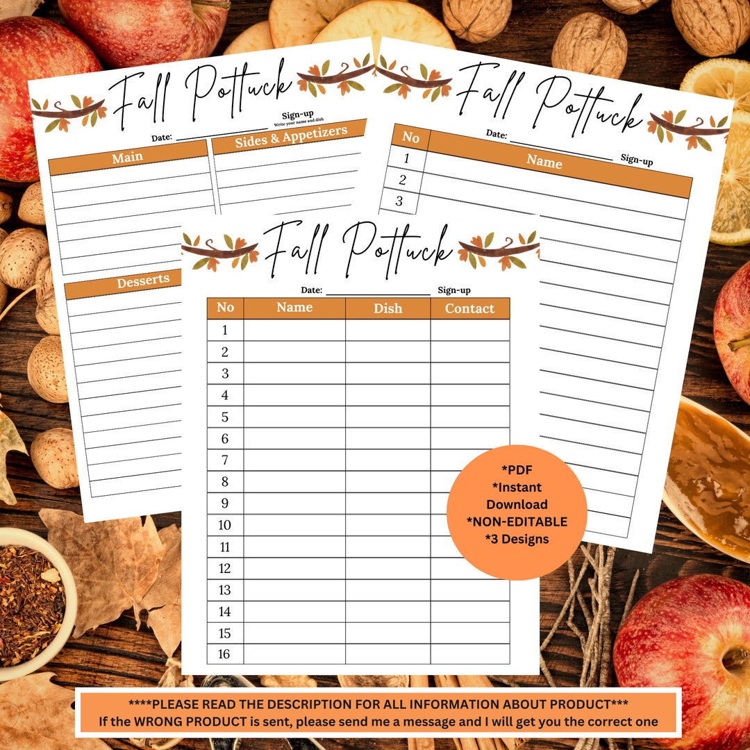 Potluck Sign up Sheet | Fall Potluck Sign up Sheet | Thanksgiving ...