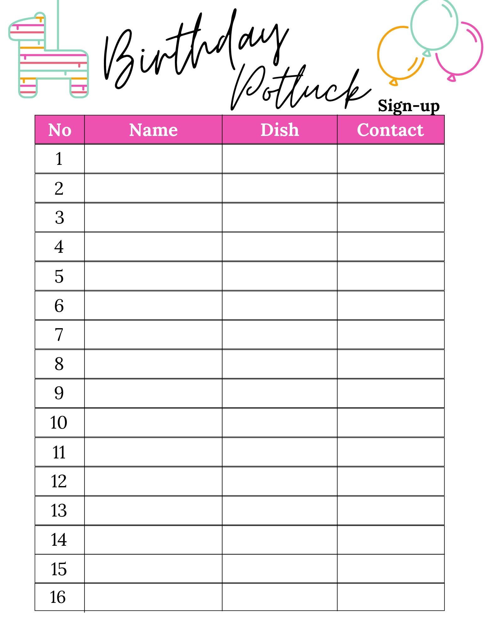 Potluck Sign up Sheet | Birthday Potluck Sign up Sheet | Birthday ...