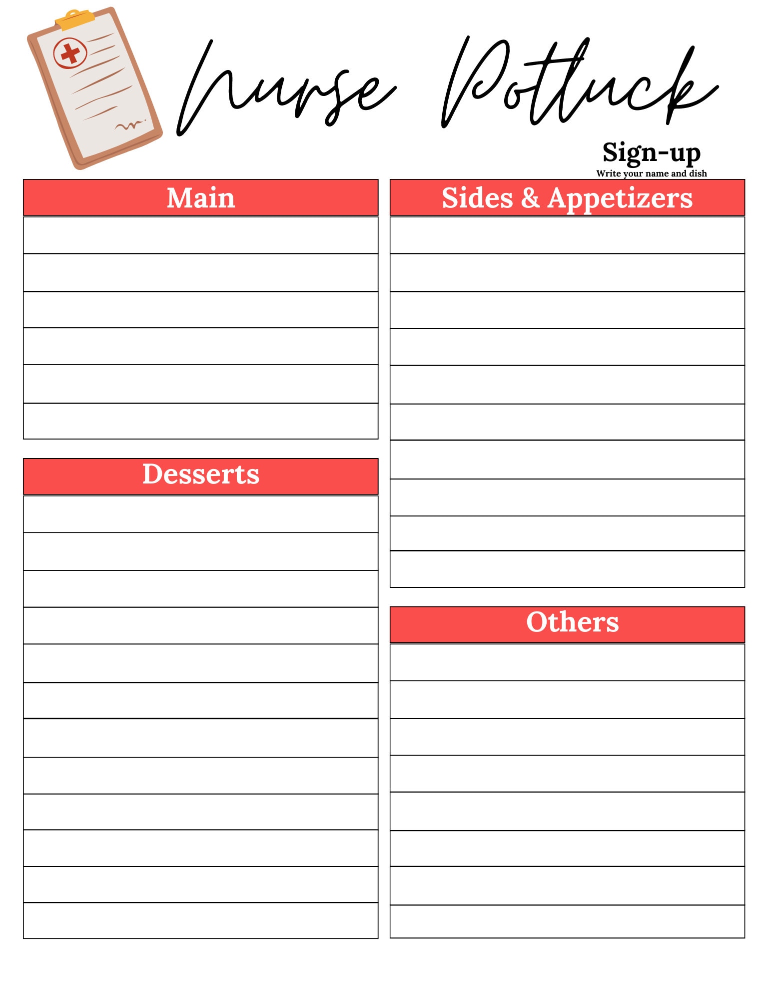 Nurse Potluck Sign up Sheet | Nurse Sign up Sheet | Nurse Potluck Sheet ...