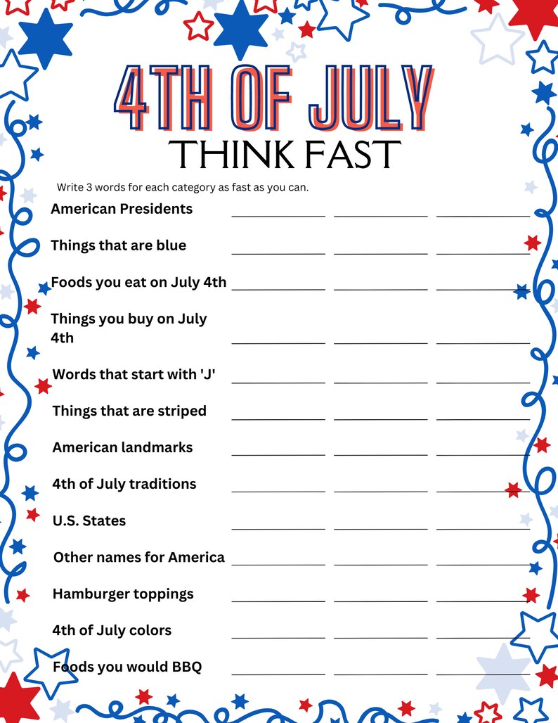 Think Fast 4th of July Game | Independence Day Printable Games | July ...