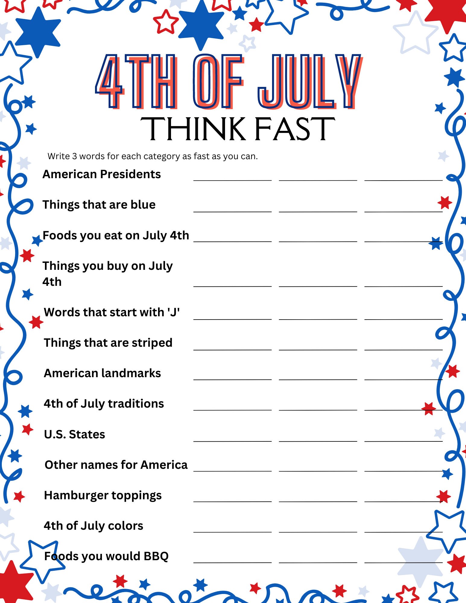 Think Fast 4th of July Game Independence Day Printable Games July 4th ...