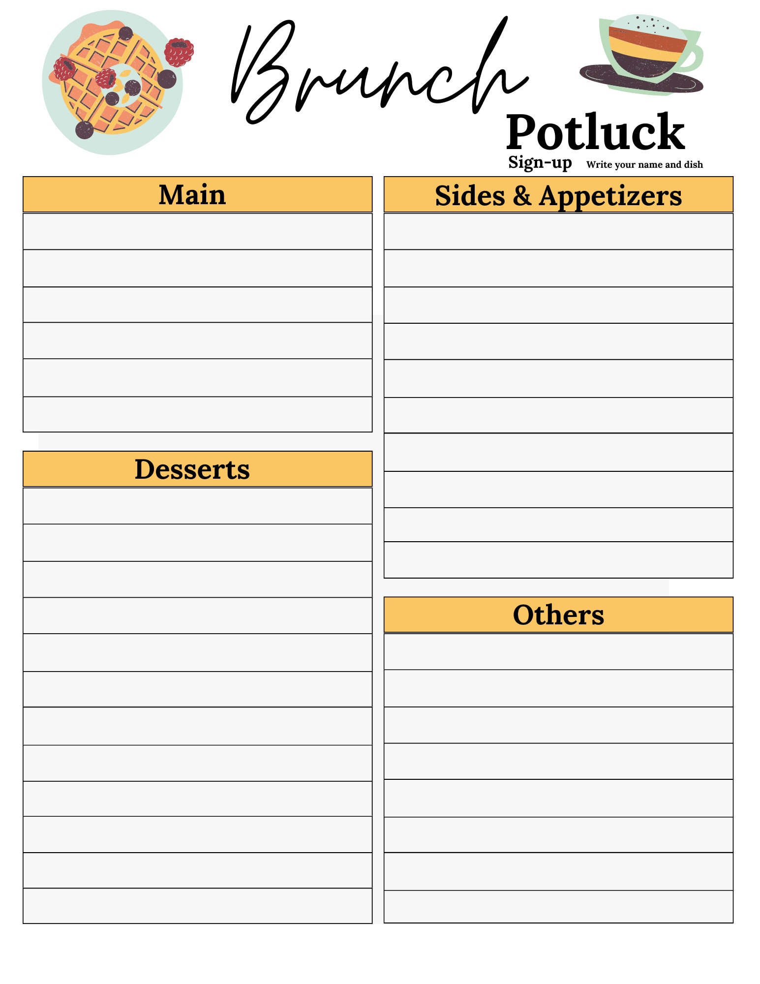 Potluck Sign up Sheet | Brunch Potluck Sign up Sheet | Brunch Potluck ...