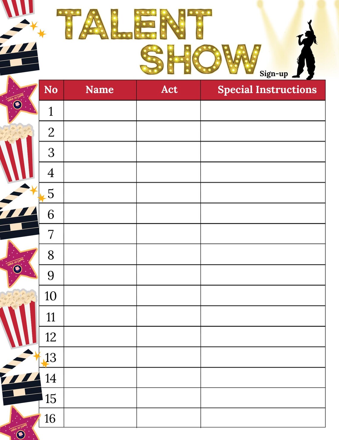 Talent Show Sign up Sheet | Talent Show Sheet | Printable Talent Show ...