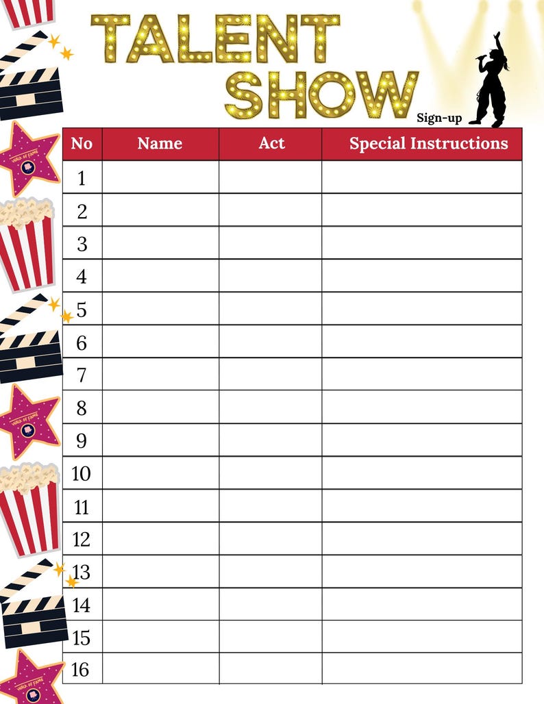 Talent Show Sign up Sheet | Talent Show Sheet | Printable Talent Show ...