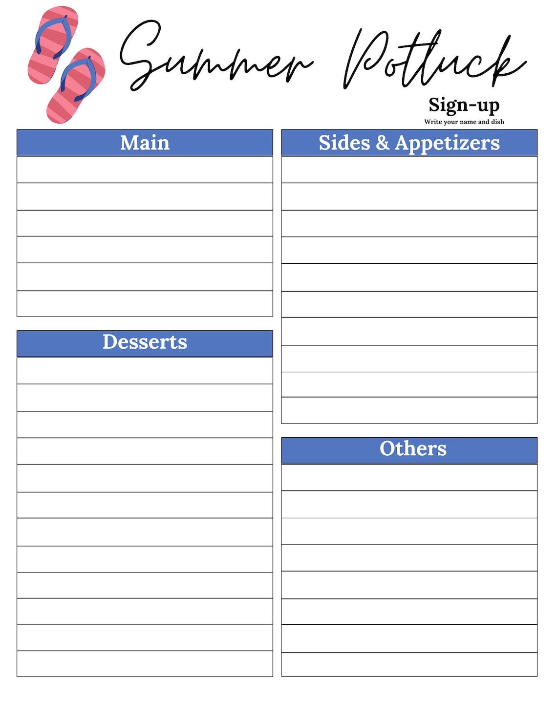 Summer Potluck Sign up Sheet Summer Potluck Sheet Summer - Etsy