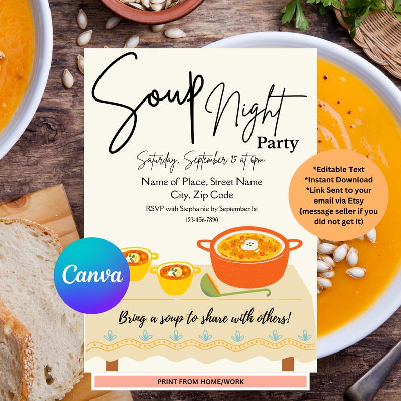 Soup Night Potluck Party Invite Template | Editable Soup Night | Soup ...