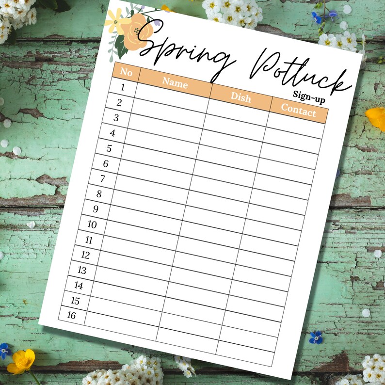 Spring Potluck Sign up Sheet | Spring Potluck Sheet | Spring Potluck ...