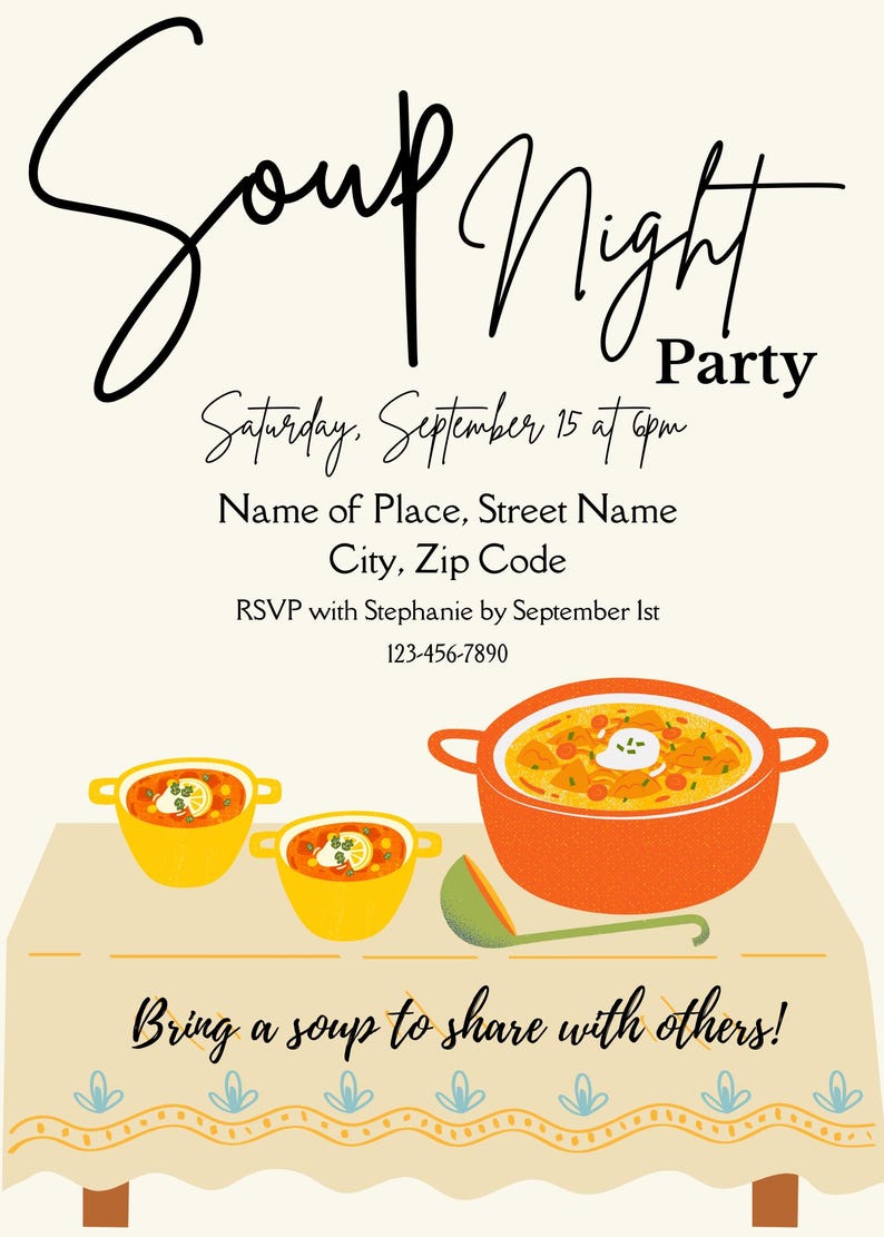 Soup Night Potluck Party Invite Template | Editable Soup Night | Soup ...
