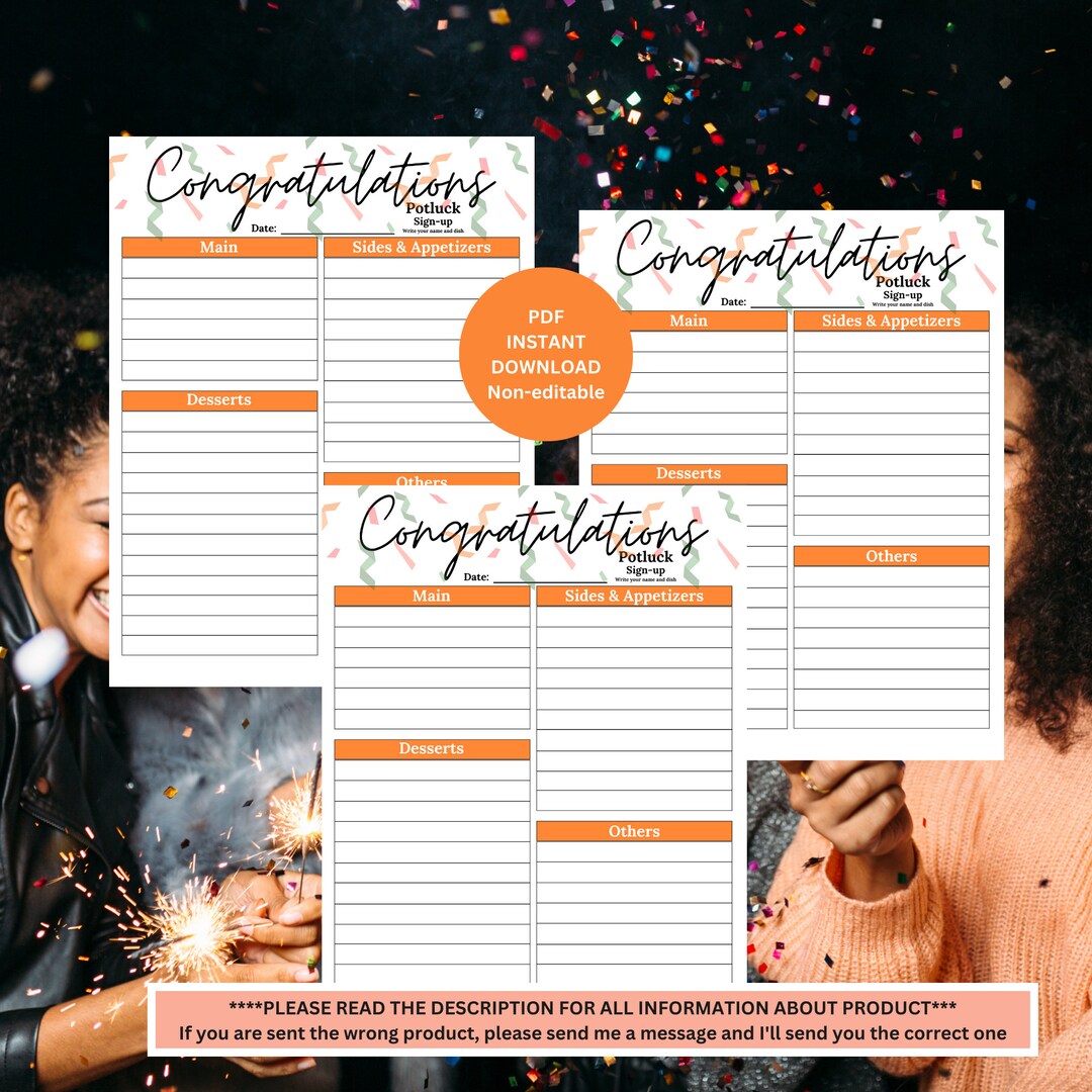 Congratulations Potluck Sign up Sheet | Wedding Potluck Sign up Sheet ...