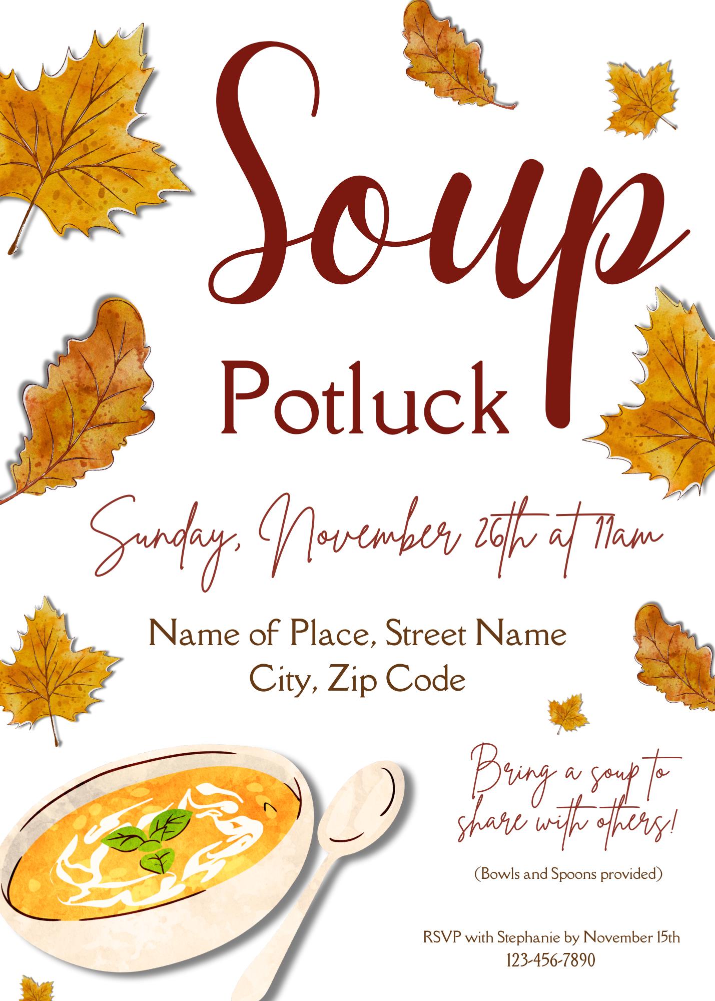 Soup Potluck Party Invite Template | Editable Soup Potluck | Fall Soup ...
