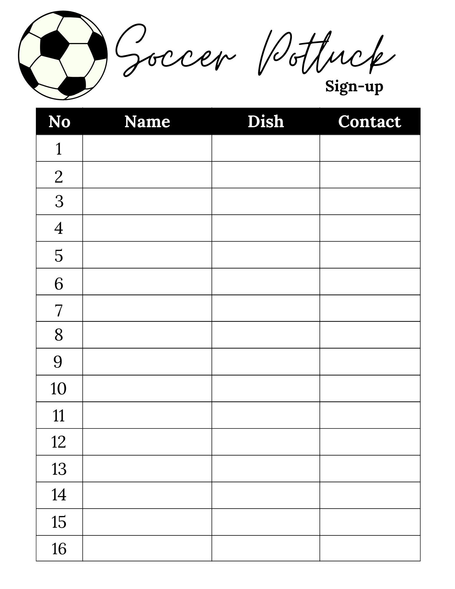 Soccer Potluck Sign up Sheet Soccer Potluck Sheet Sports Potluck ...