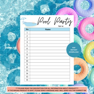 Pool Party Sign up Sheet | Summer Party Sheet | Printable Pool Party up ...