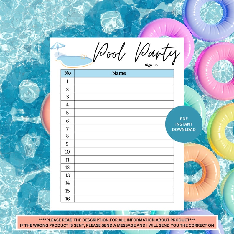 Pool Party Sign up Sheet | Summer Party Sheet | Printable Pool Party up ...