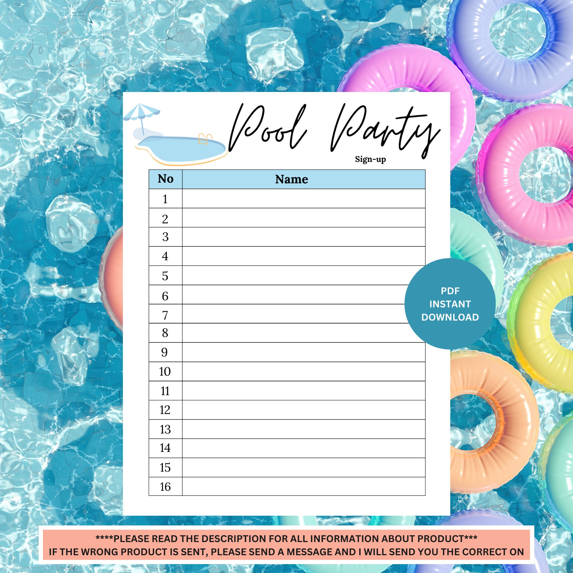 Pool Party Sign up Sheet | Summer Party Sheet | Printable Pool Party up ...