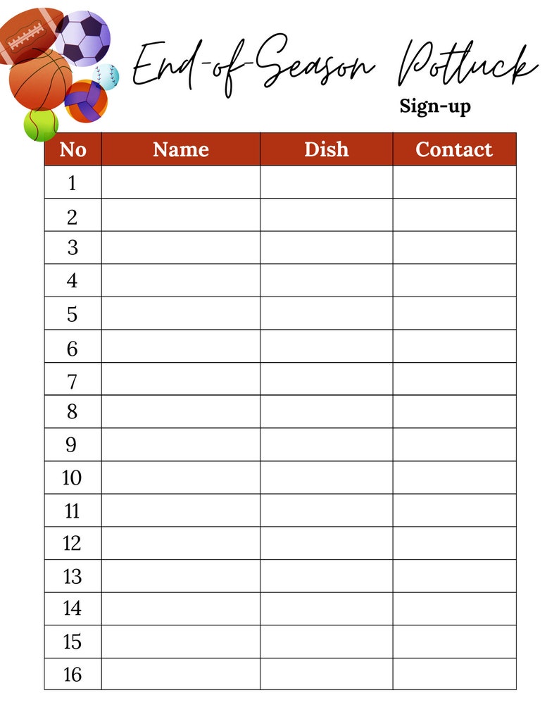 Potluck Sign up Sheet | End of Season Potluck Sign up Sheet | Sports ...
