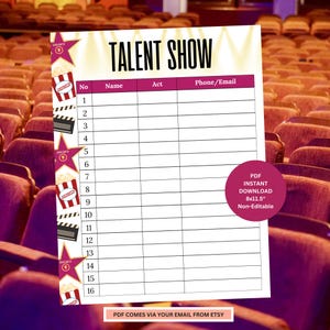 Talent Show Sign up Sheet | Talent Show Sheet | Printable Talent Show ...
