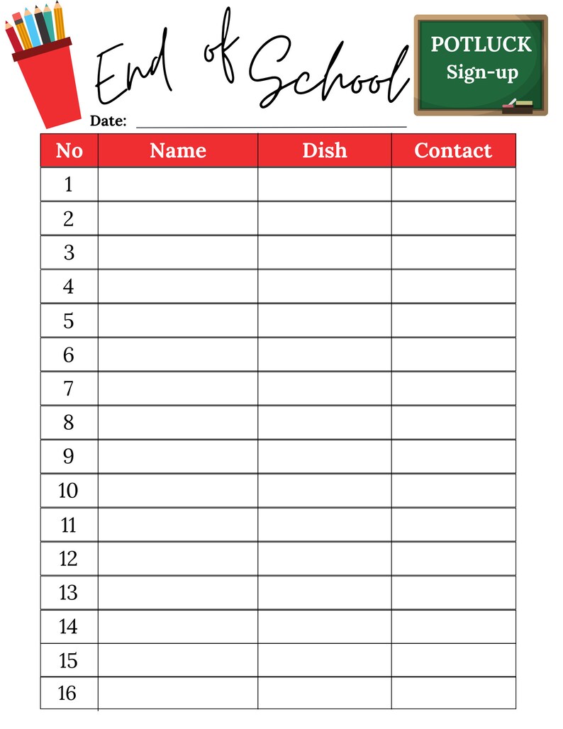 End of School Potluck Sign up Sheet | School Potluck Sheet | Potluck ...