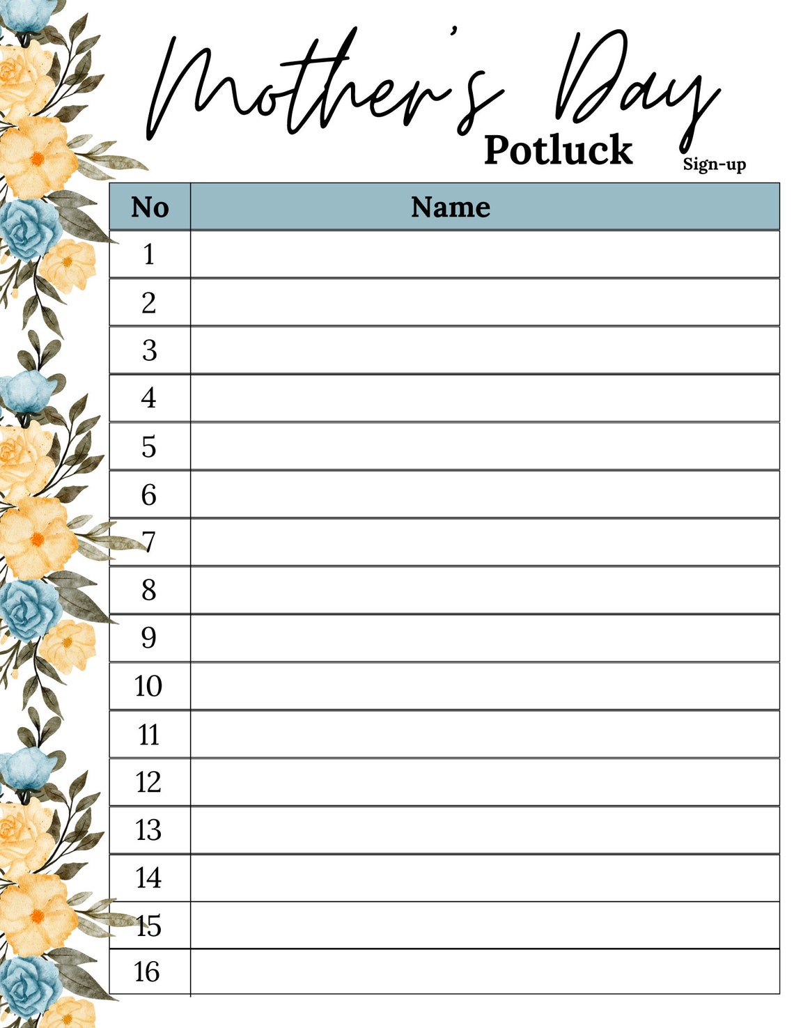 Potluck Sign up Sheet Mother's Day Potluck Sign up Sheet Mother's Day ...