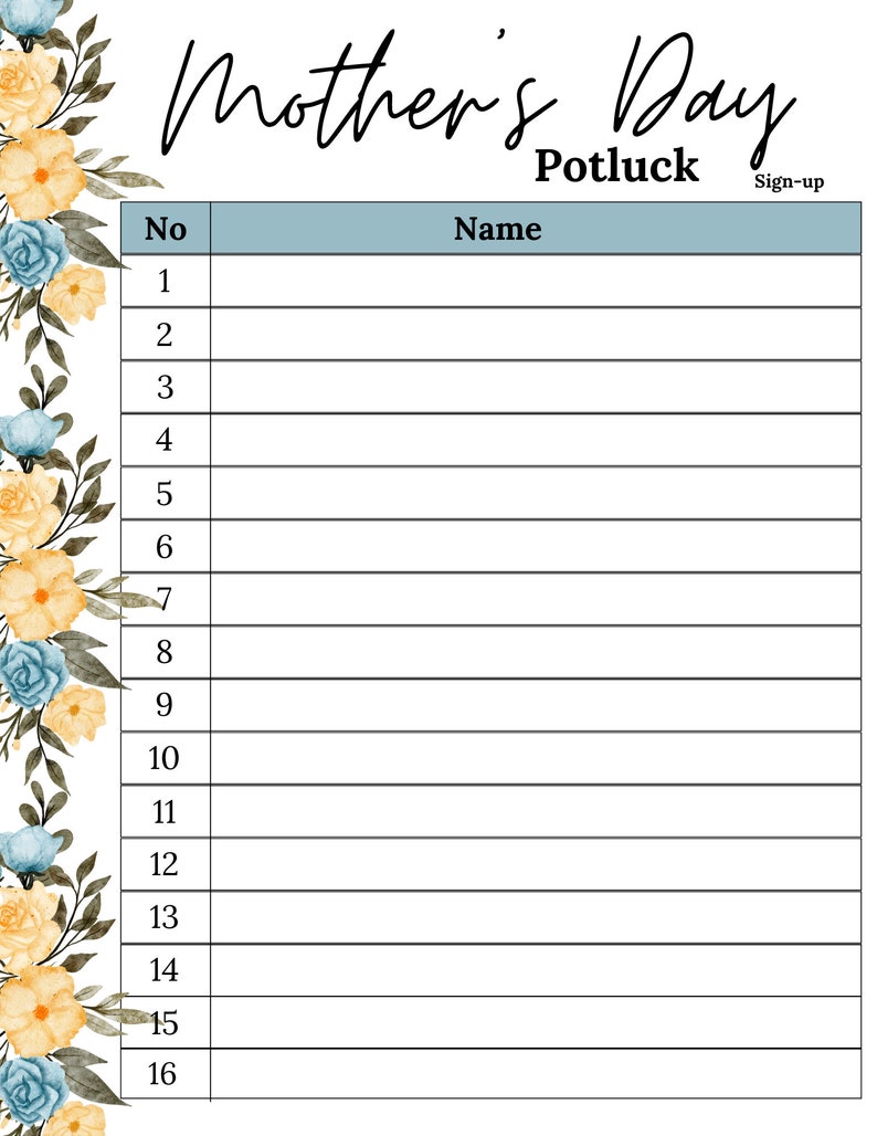 Potluck Sign up Sheet Mother's Day Potluck Sign up Sheet Mother's Day ...
