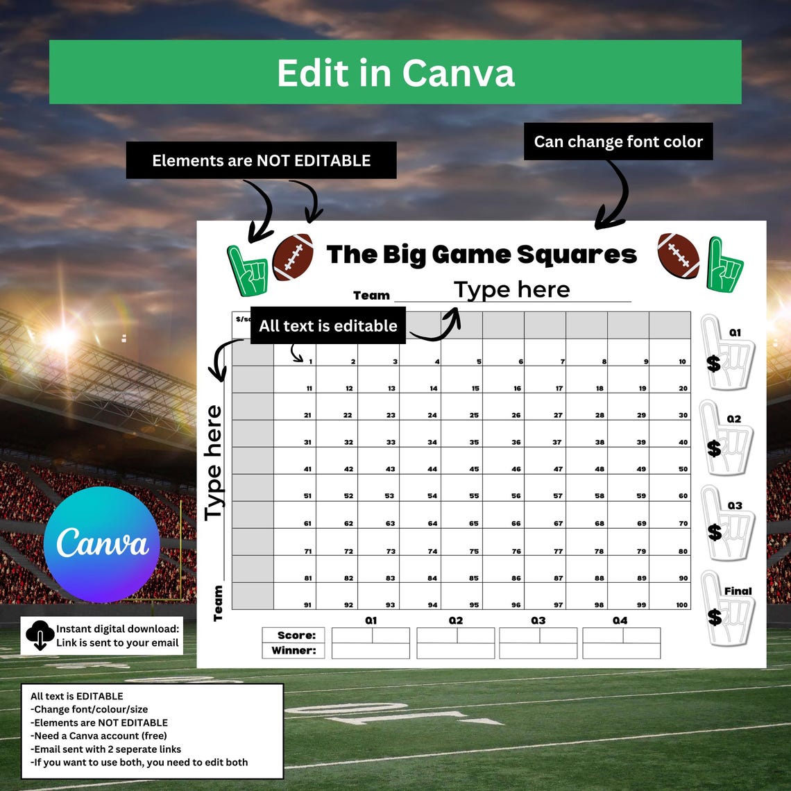 The Big Game Day Squares | the Big Game | Football Squares | Football ...