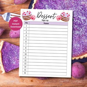 Dessert Sign up Sheet | Dessert Sheet | Printable Dessert Sign up Sheet ...